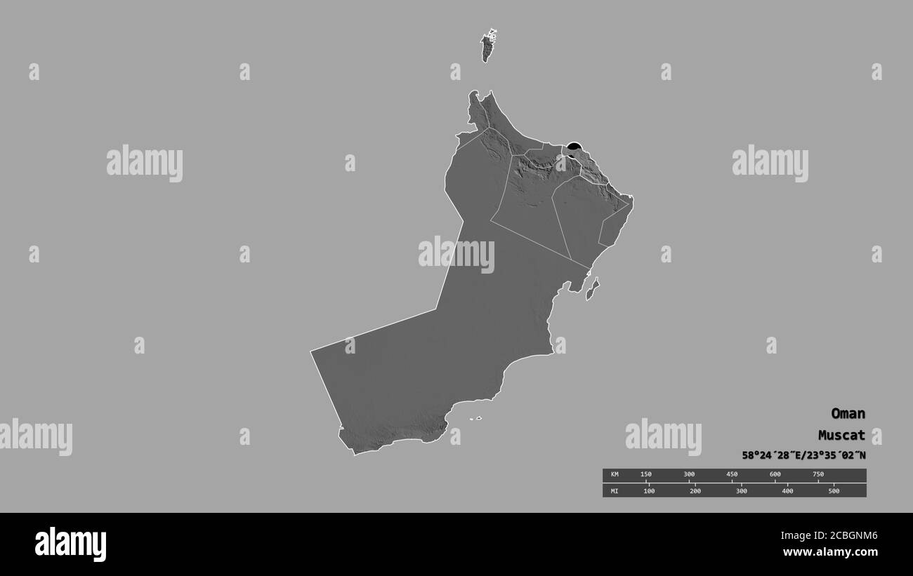 Desaturated shape of Oman with its capital, main regional division and ...