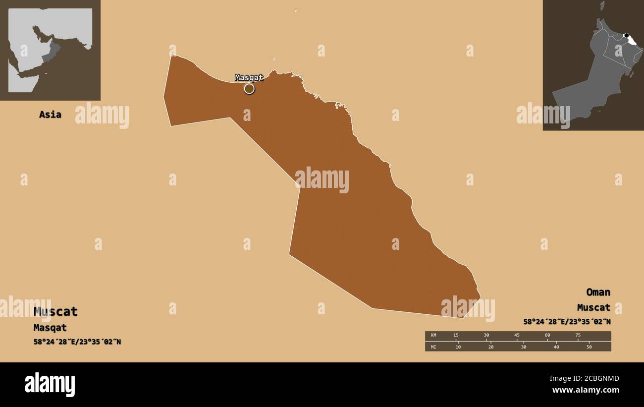 Shape of Muscat, province of Oman, and its capital. Distance scale ...