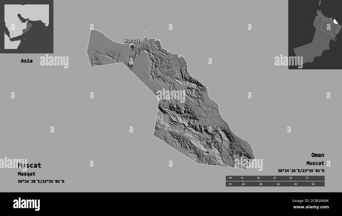 Shape of Muscat, province of Oman, and its capital. Distance scale ...