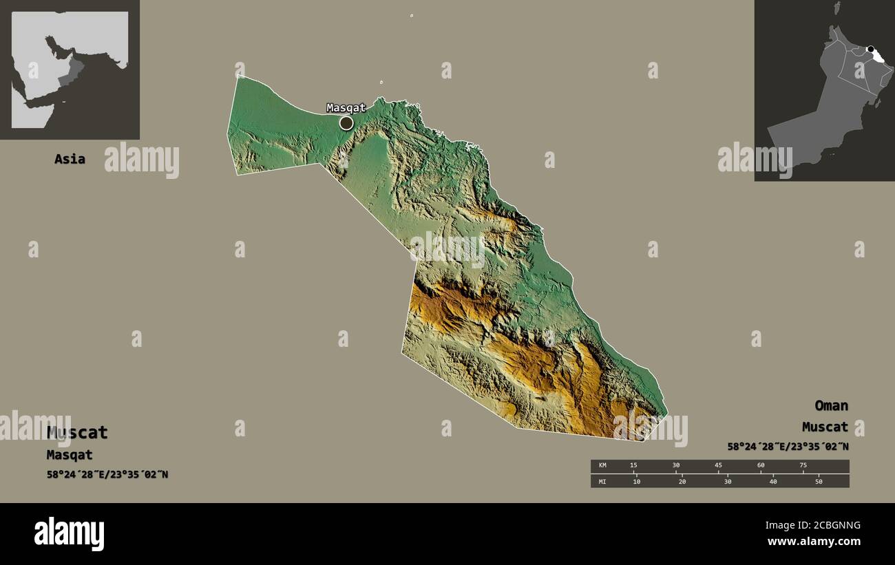 Shape of Muscat, province of Oman, and its capital. Distance scale ...