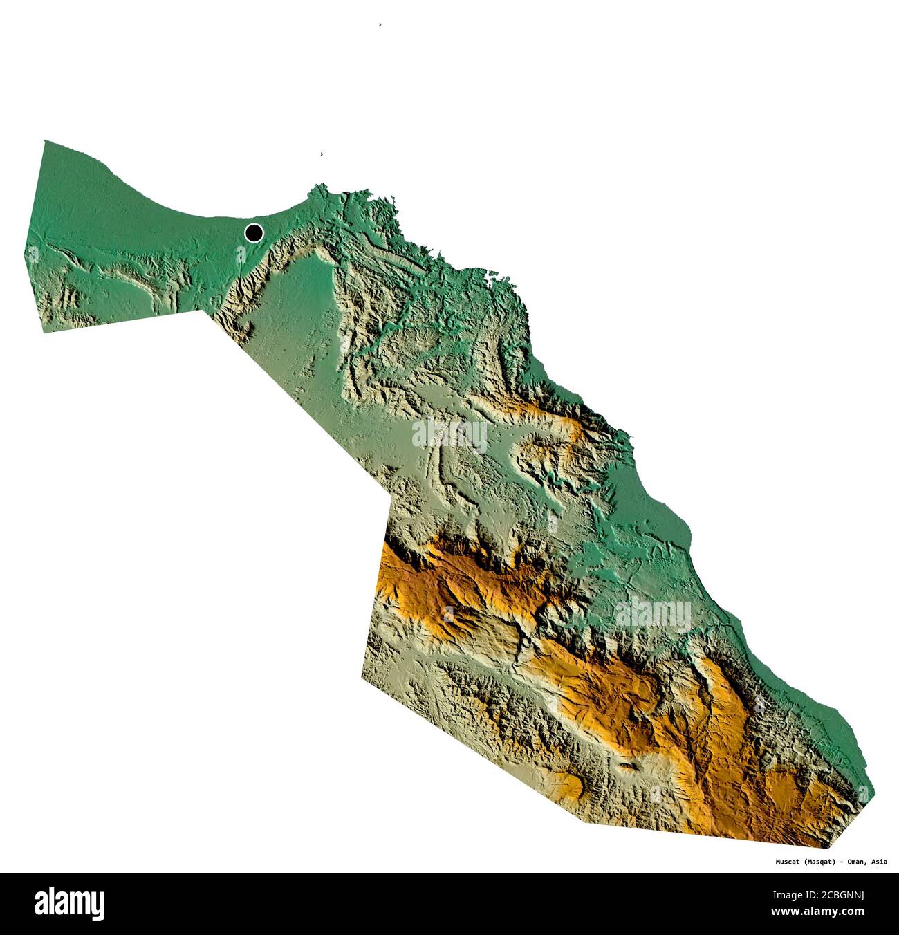 Shape of Muscat, province of Oman, with its capital isolated on white ...