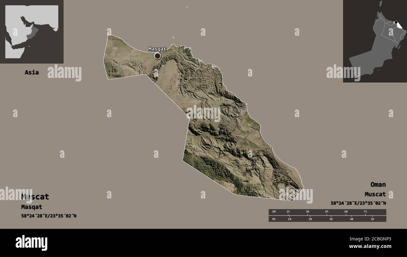 Shape of Muscat, province of Oman, and its capital. Distance scale ...