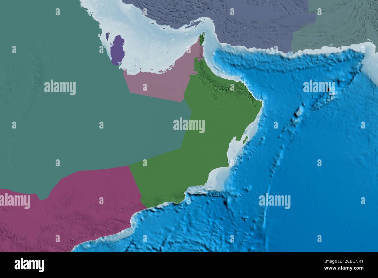 Extended area of Oman. Colored elevation map. 3D rendering Stock Photo ...