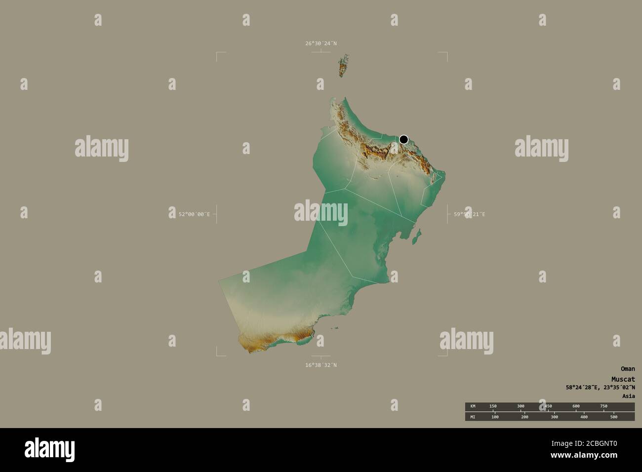 Area of Oman isolated on a solid background in a georeferenced bounding ...