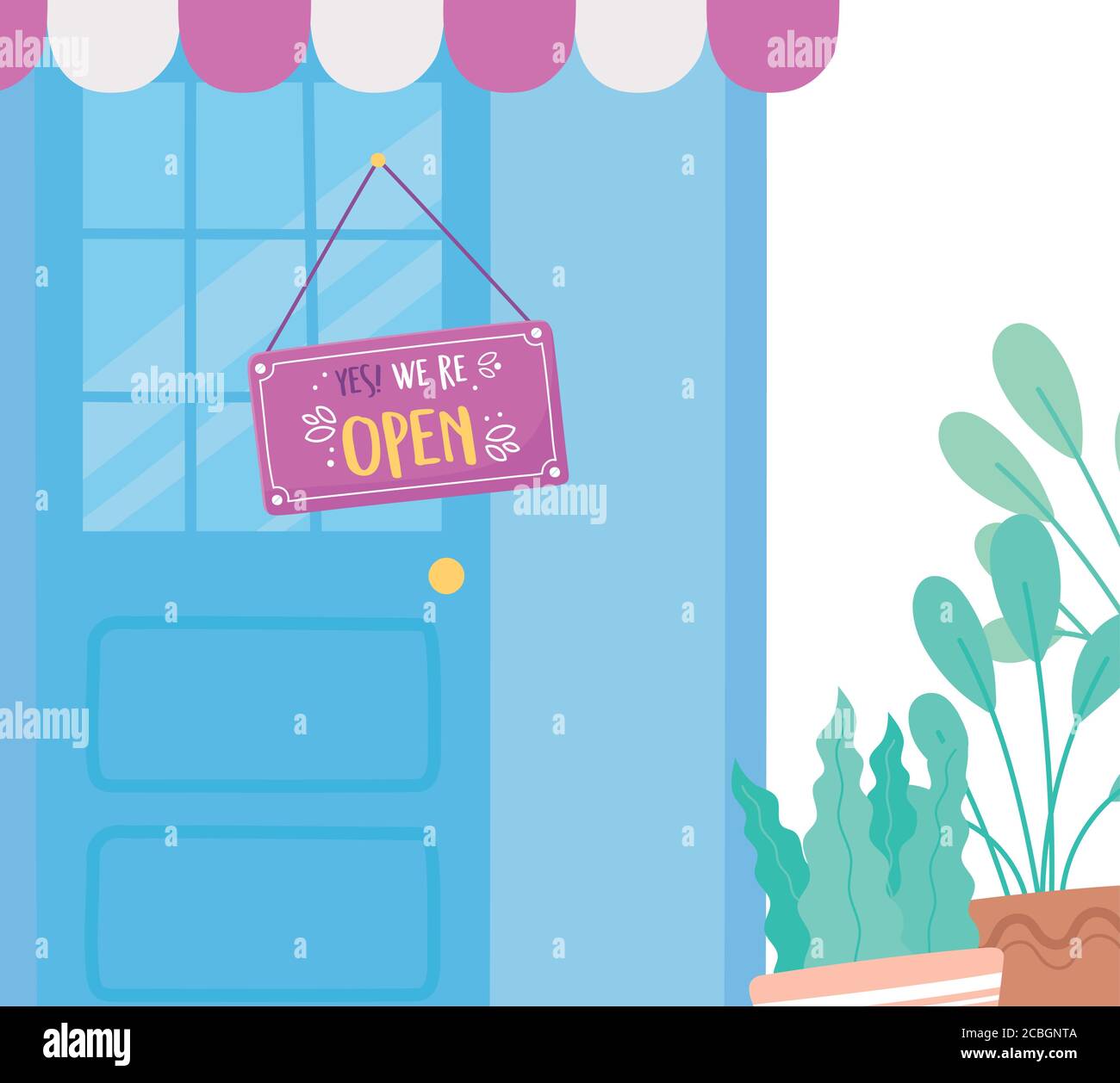we are open sign, store exterior door glasses and plants vector ...