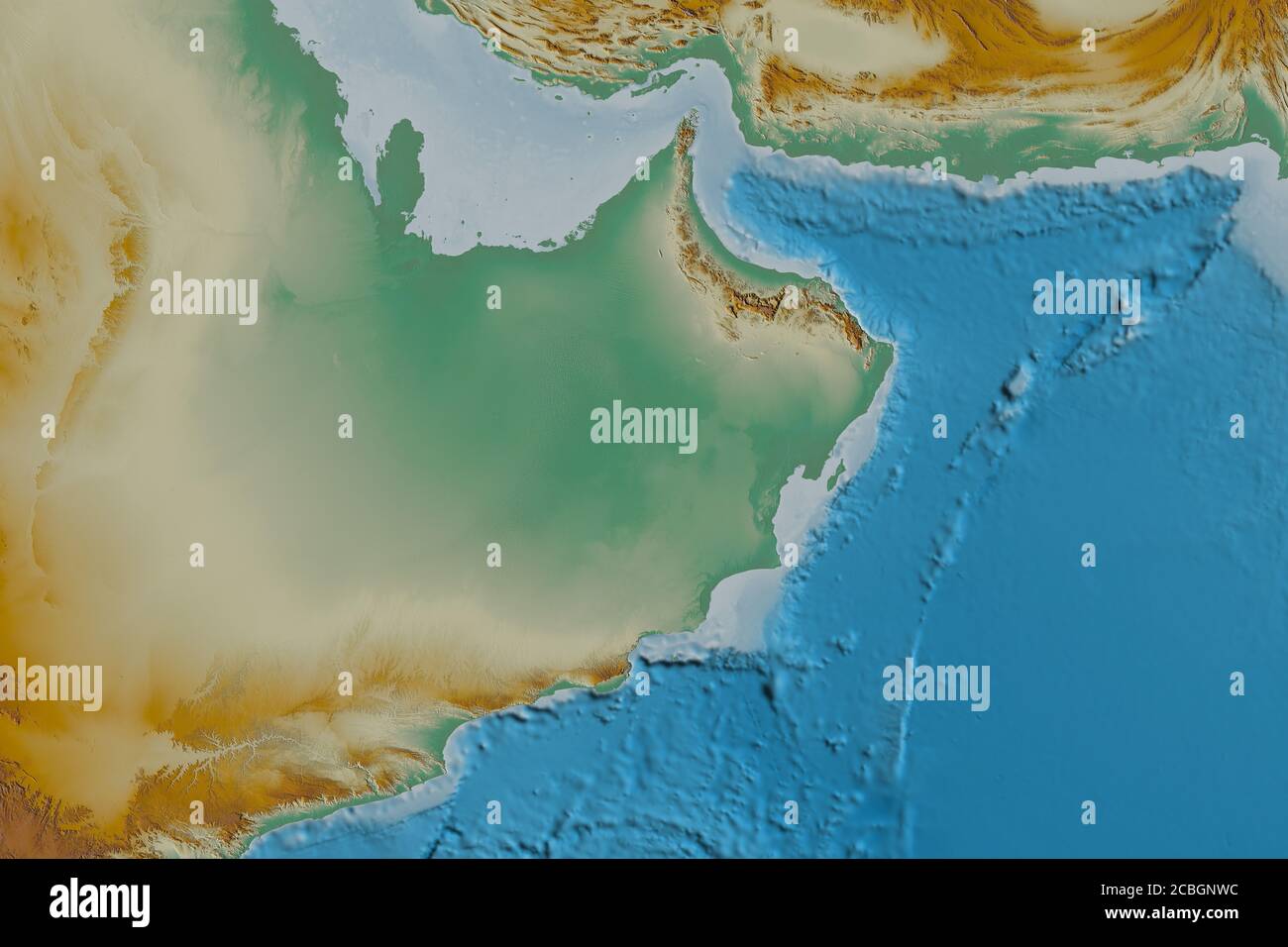 Extended area of Oman. Topographic relief map. 3D rendering Stock Photo ...