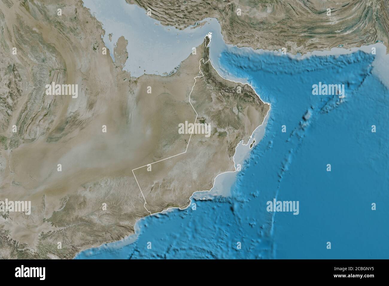 Extended area of outlined Oman. Satellite imagery. 3D rendering Stock ...