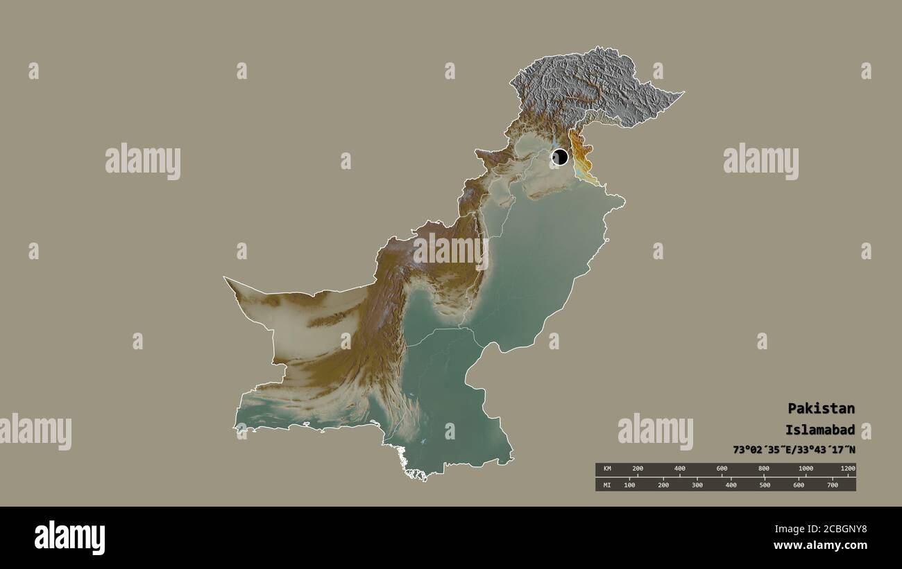 Desaturated shape of Pakistan with its capital, main regional division ...