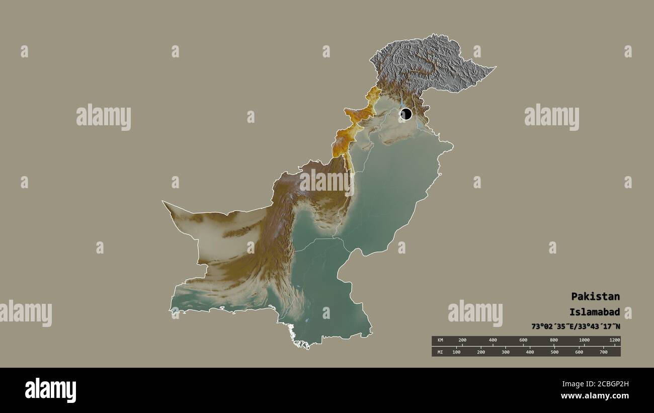 Desaturated shape of Pakistan with its capital, main regional division ...
