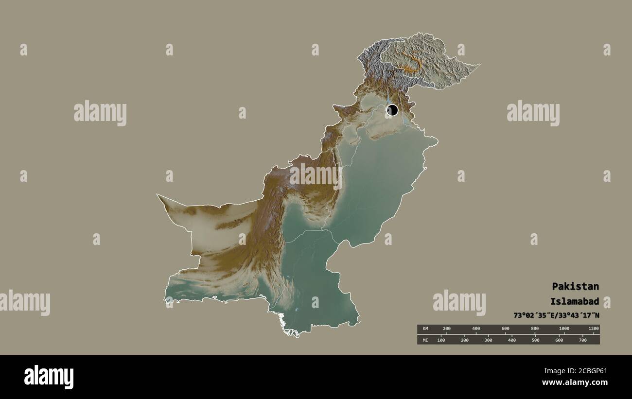 Desaturated shape of Pakistan with its capital, main regional division ...