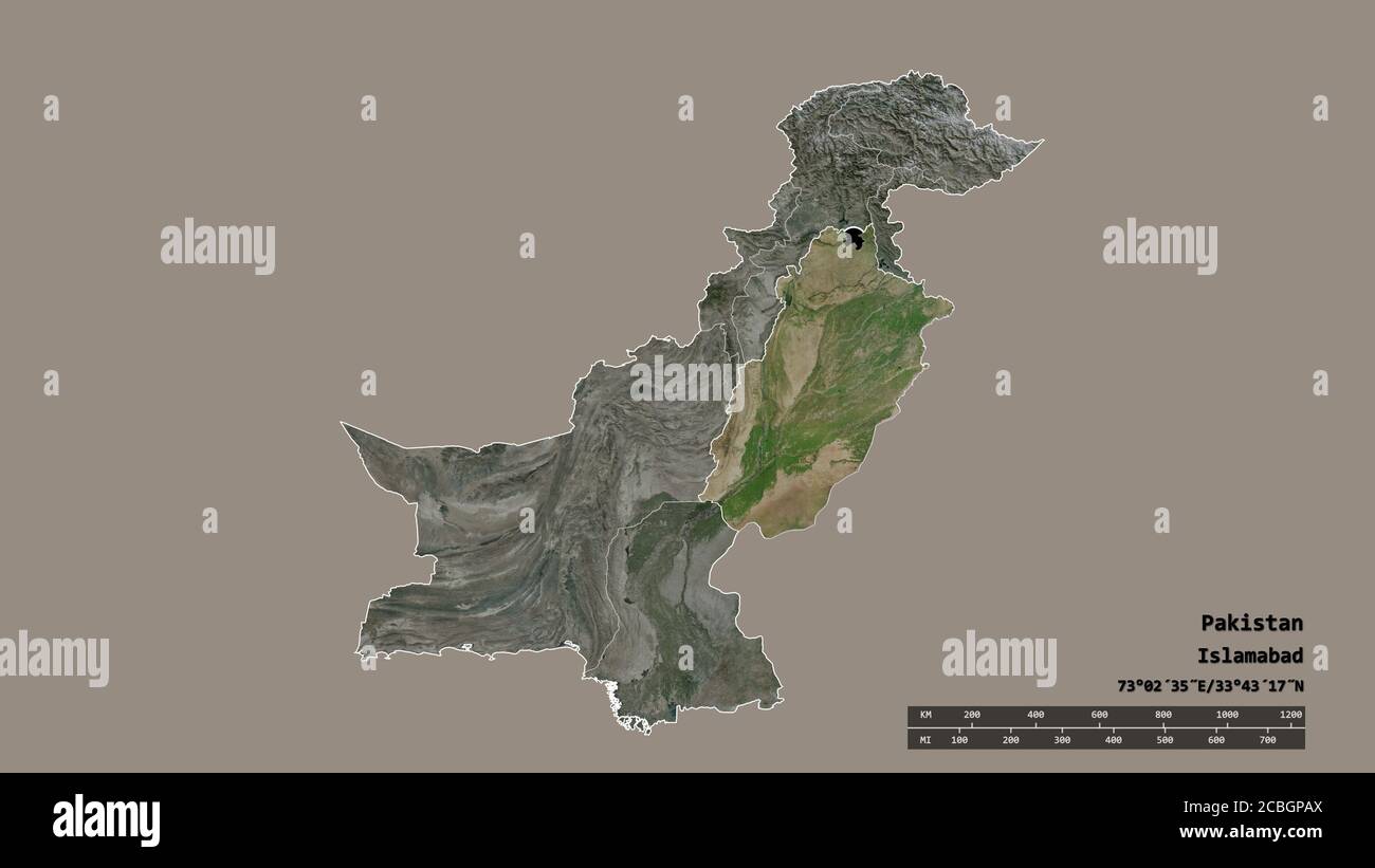 Desaturated shape of Pakistan with its capital, main regional division ...