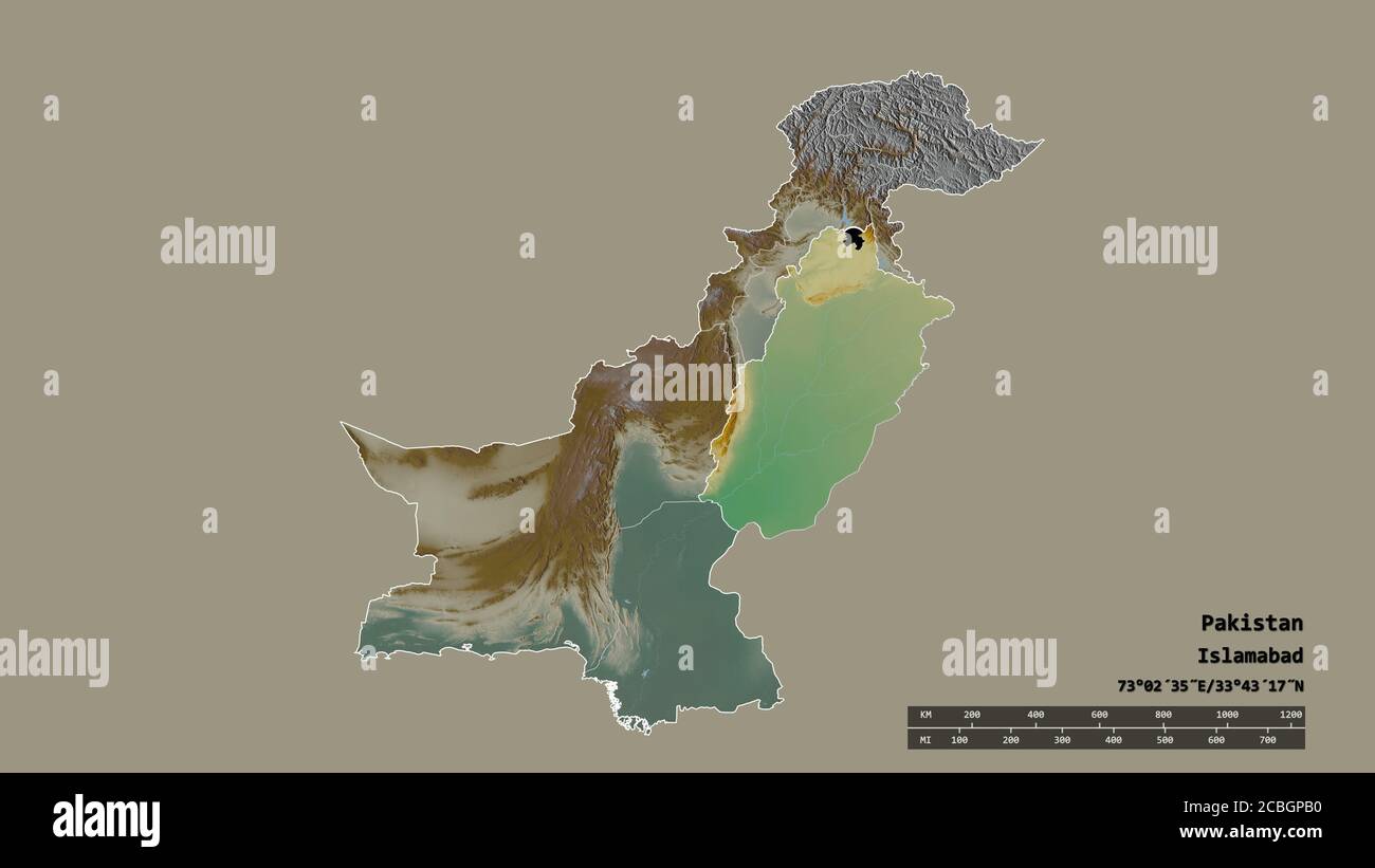 Desaturated shape of Pakistan with its capital, main regional division ...