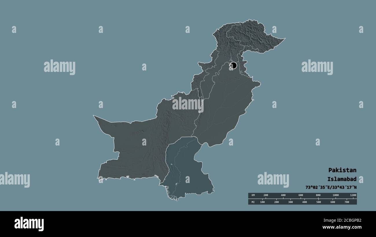 Desaturated shape of Pakistan with its capital, main regional division ...
