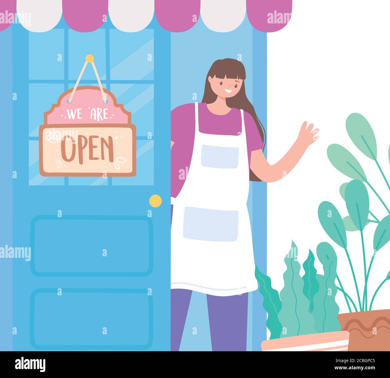 we are open sign, employee store exterior with a glass door and banner ...