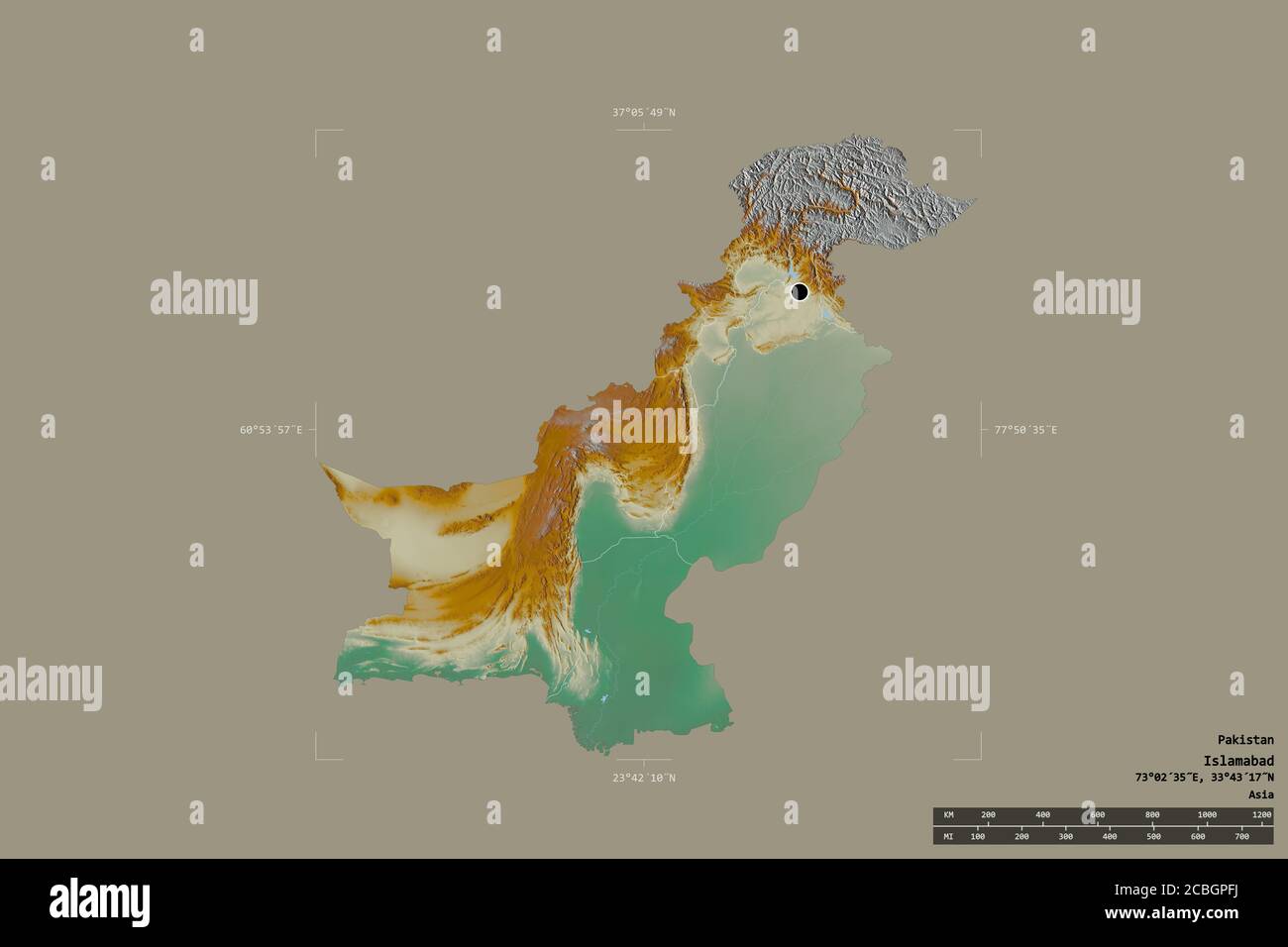 Area of Pakistan isolated on a solid background in a georeferenced ...
