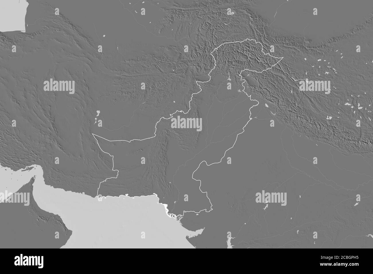 Extended area of outlined Pakistan. Bilevel elevation map. 3D rendering ...
