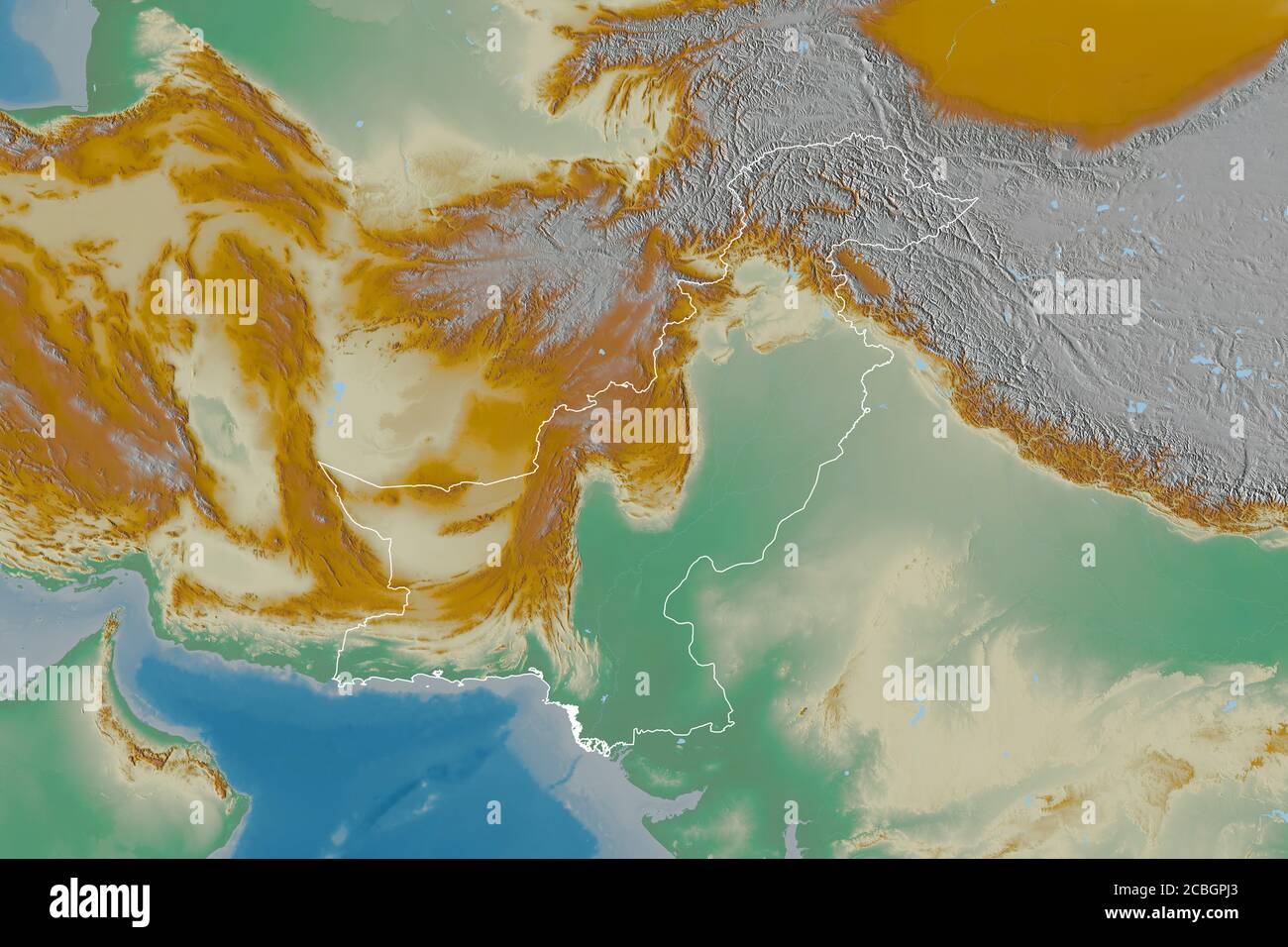 Extended area of outlined Pakistan. Topographic relief map. 3D ...