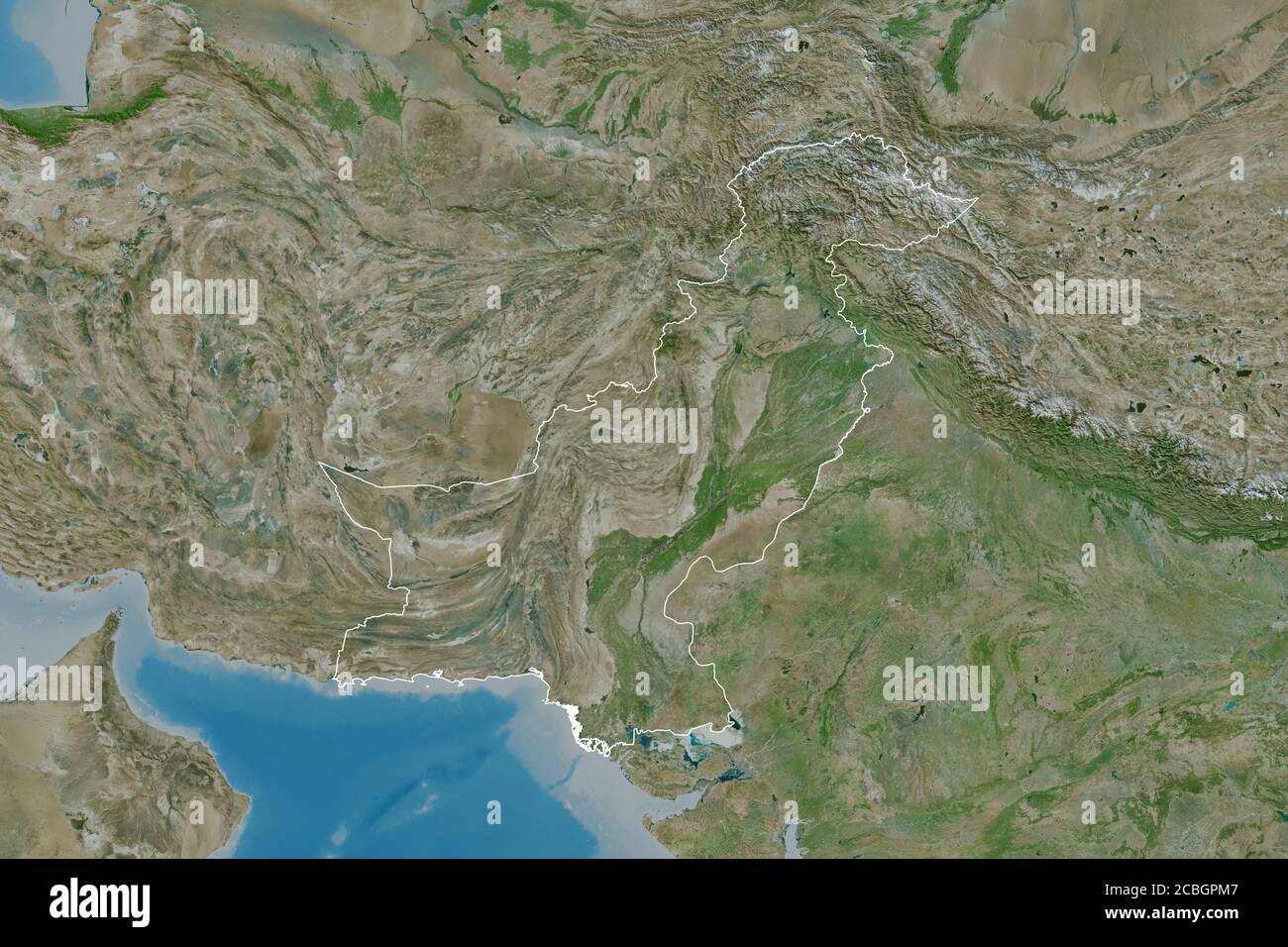 Extended area of outlined Pakistan. Satellite imagery. 3D rendering ...