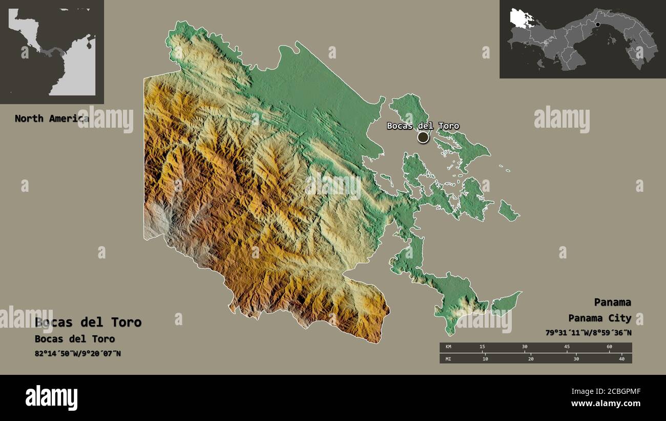 Shape of Bocas del Toro, province of Panama, and its capital. Distance ...
