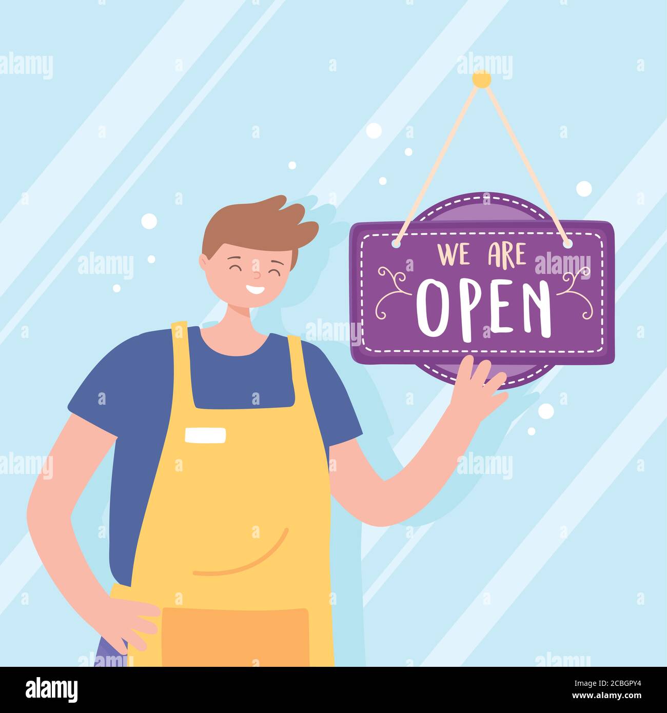we are open sign, young employee with hanging signboard cartoon vector ...