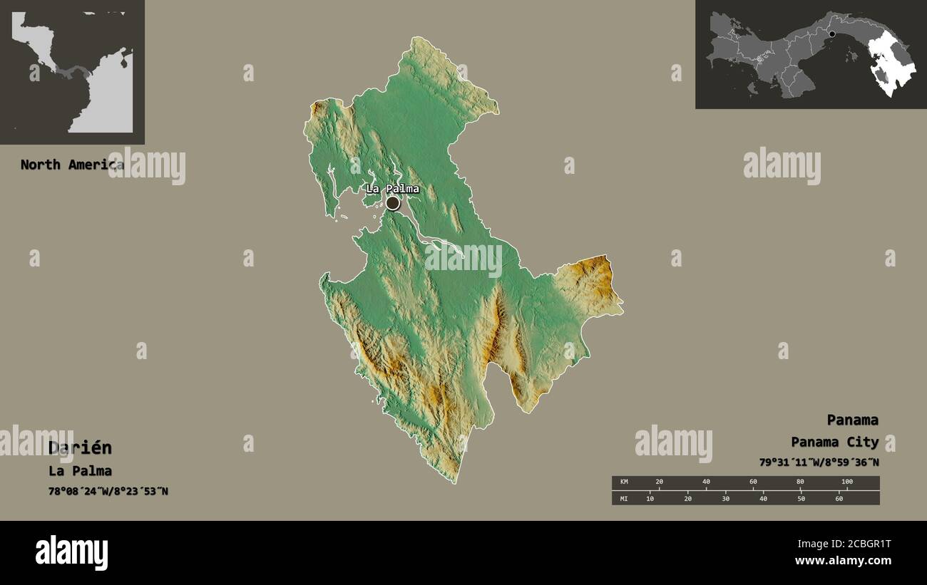 Shape of Darién, province of Panama, and its capital. Distance scale ...