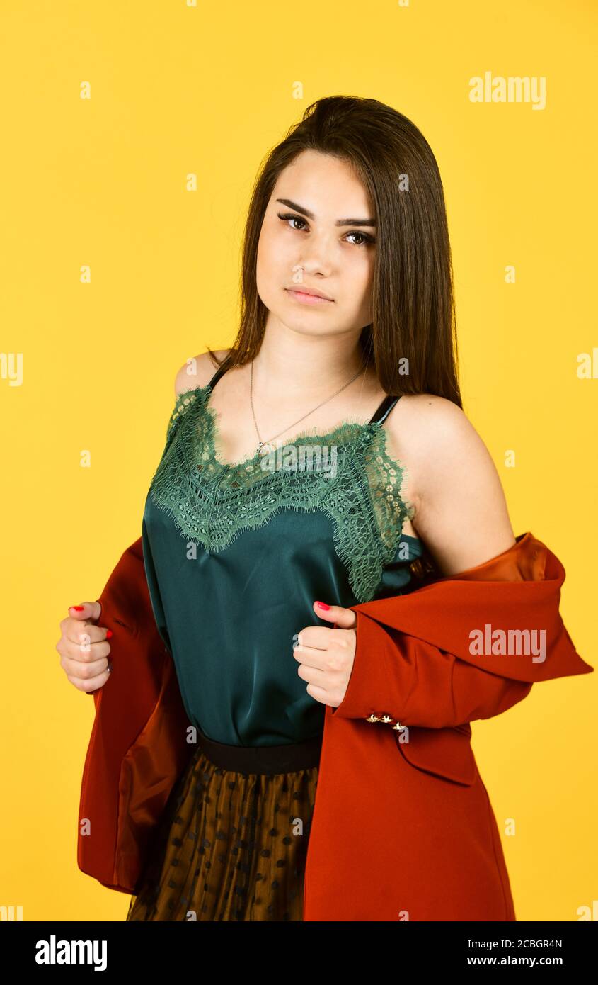 Girl fashion model tender lace blouse skirt and jacket, matching ...