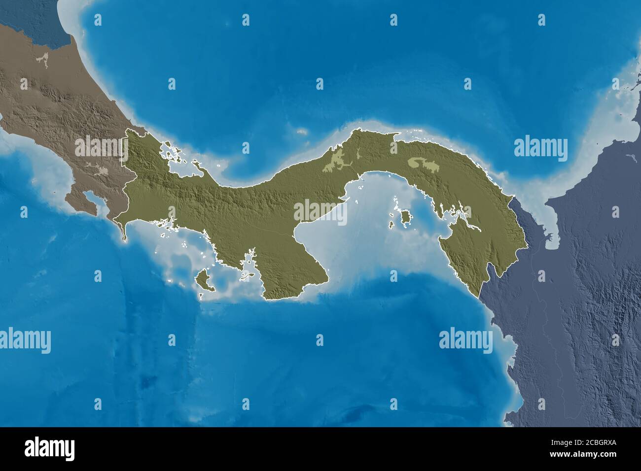 Extended area of outlined Panama. Colored elevation map. 3D rendering ...
