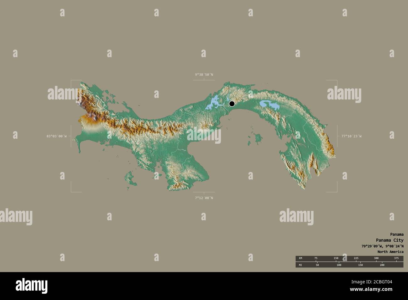 Area of Panama isolated on a solid background in a georeferenced ...