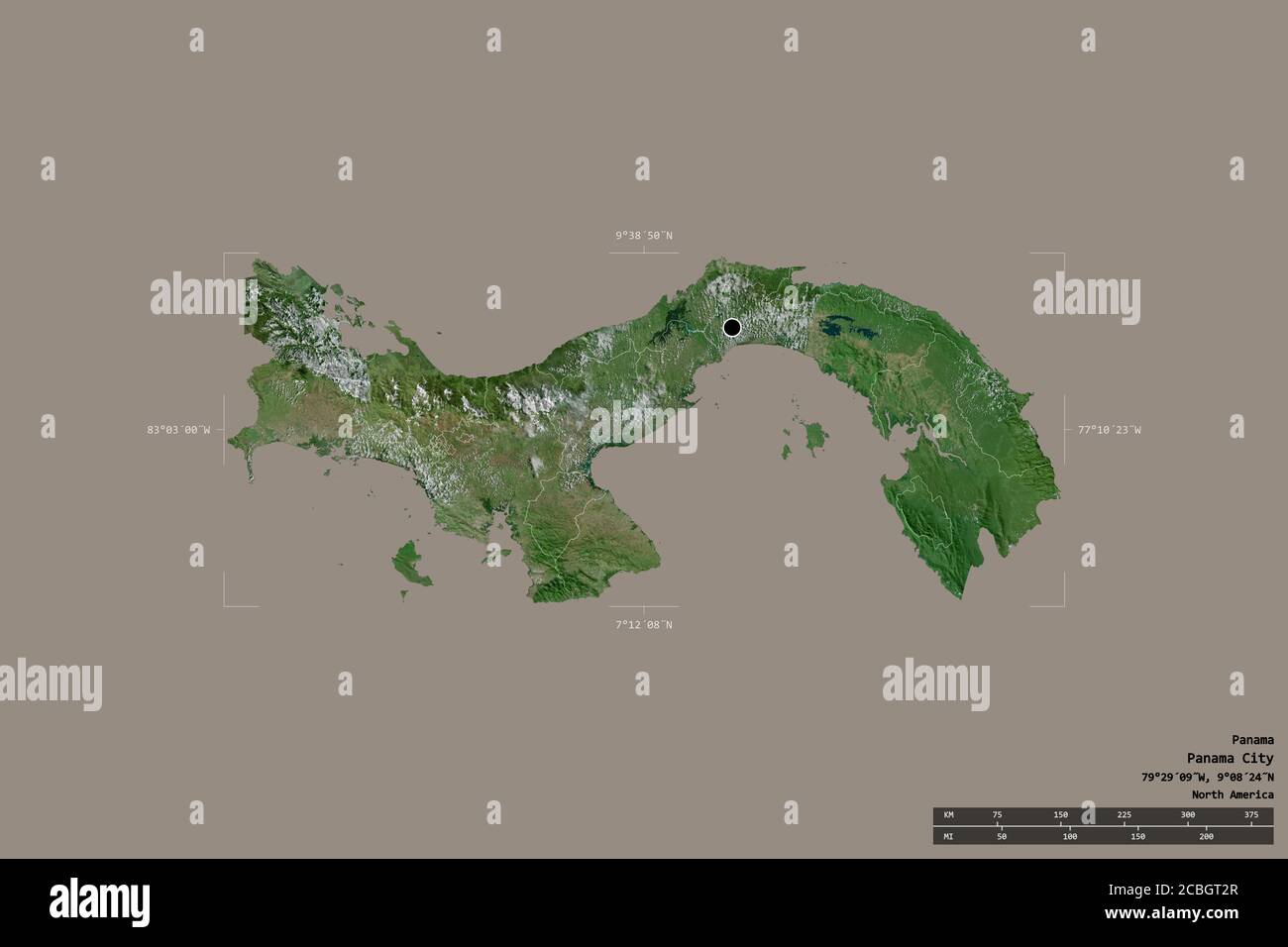 Area of Panama isolated on a solid background in a georeferenced ...