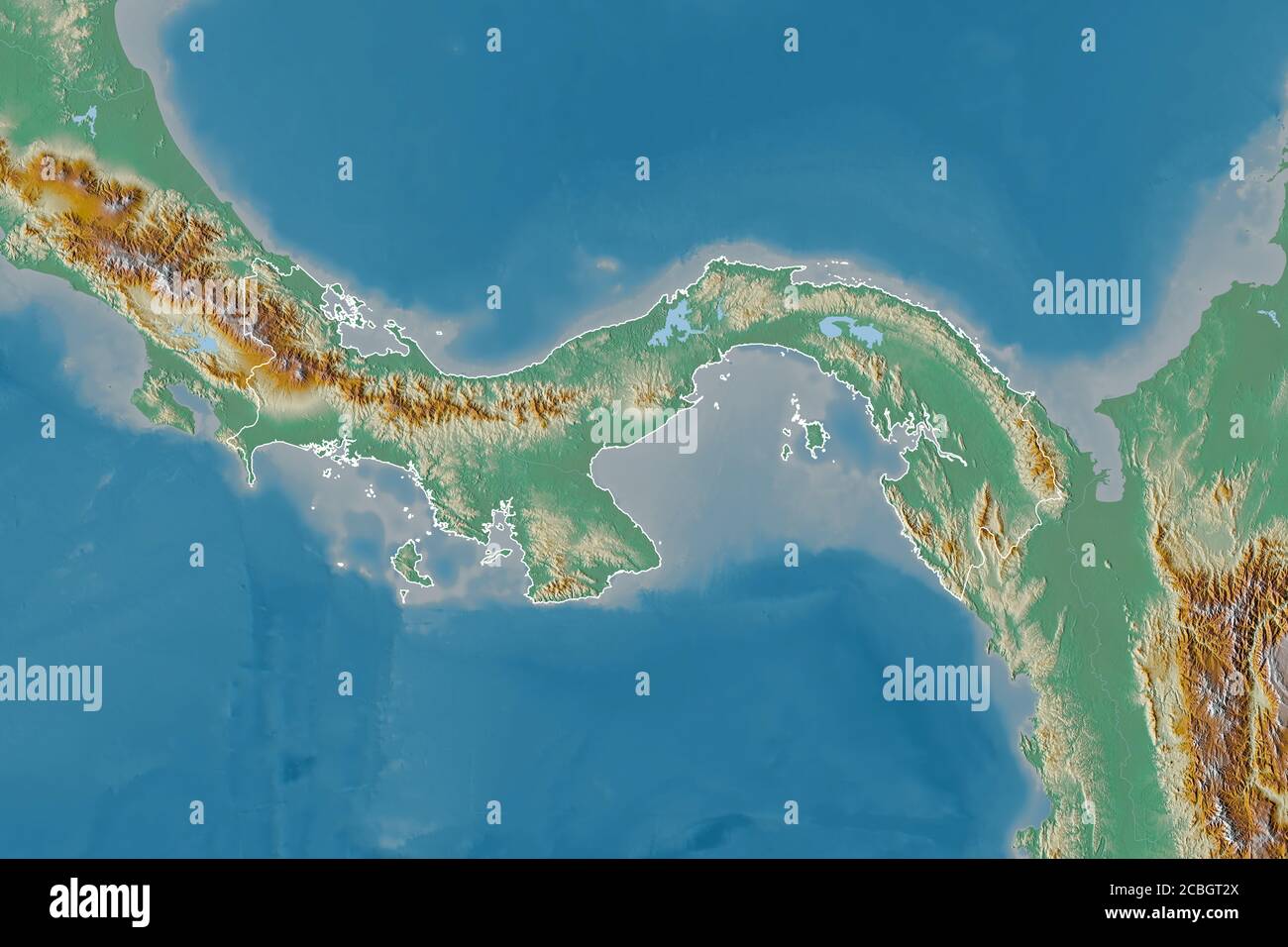 Extended area of outlined Panama. Topographic relief map. 3D rendering ...