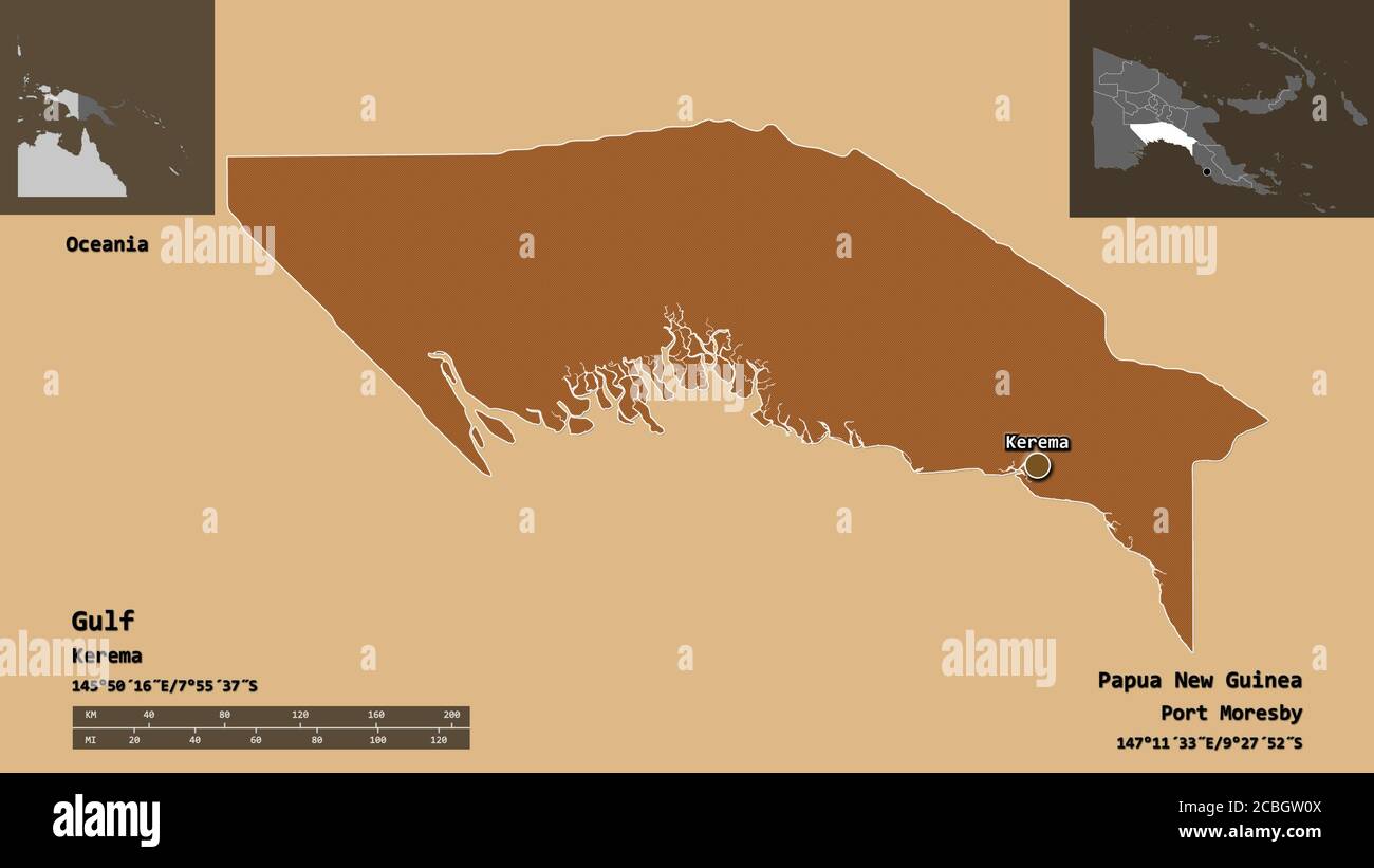 Shape of Gulf, province of Papua New Guinea, and its capital. Distance ...