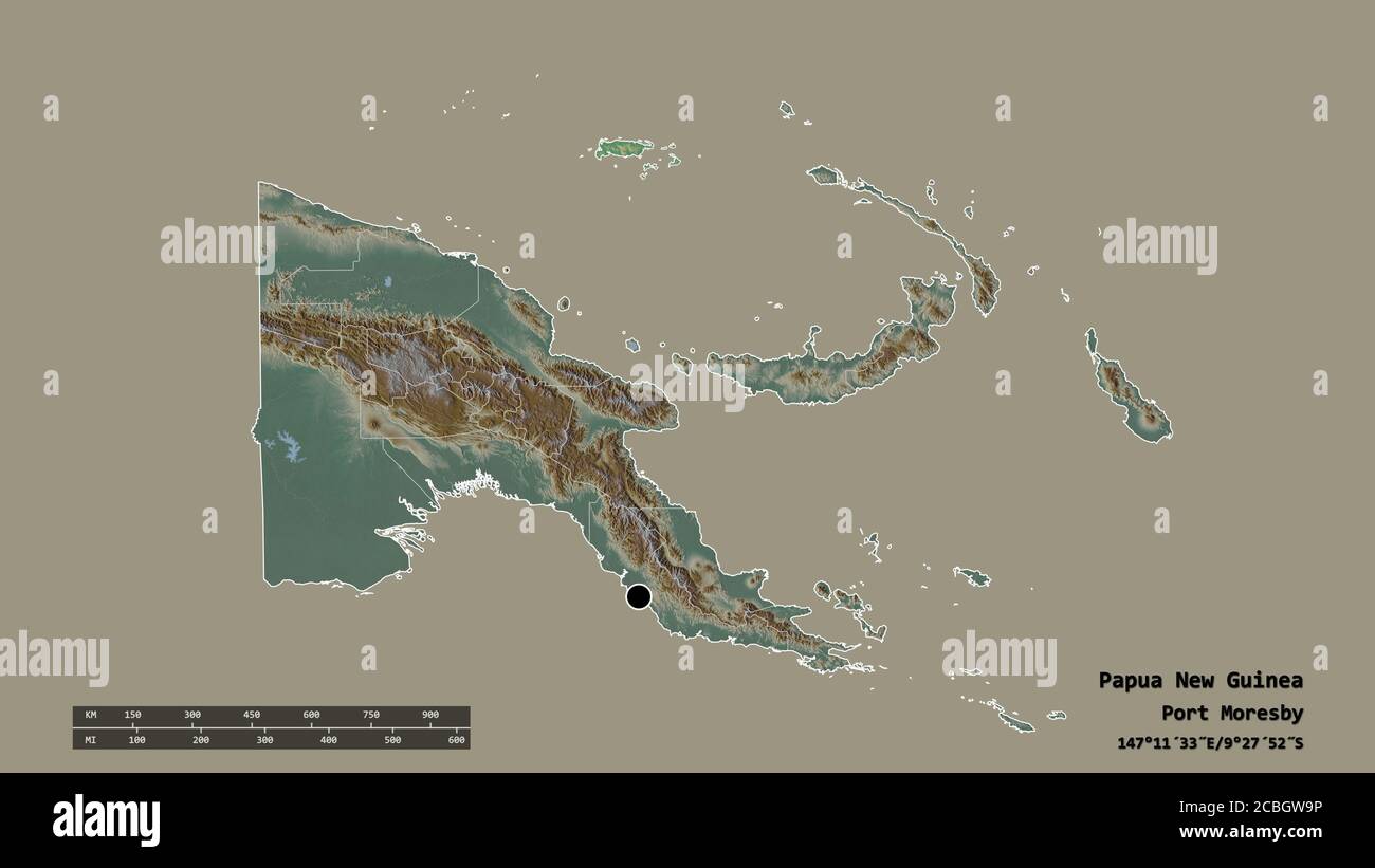 Desaturated shape of Papua New Guinea with its capital, main regional ...