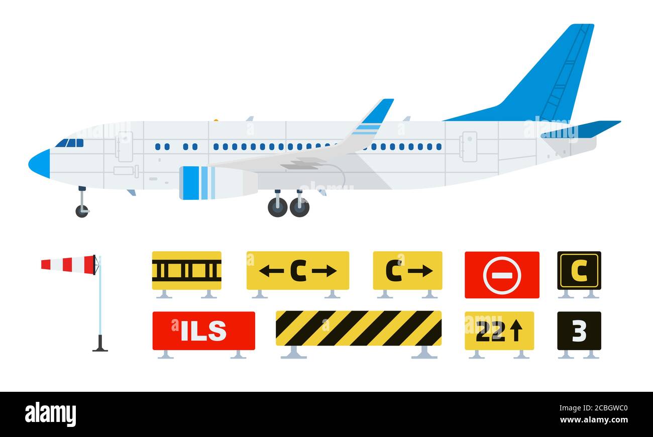 Set of warning prohibiting road signs and airplane vector flat icon ...