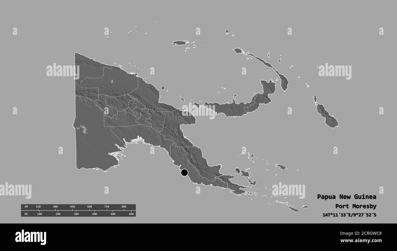 Desaturated shape of Papua New Guinea with its capital, main regional ...