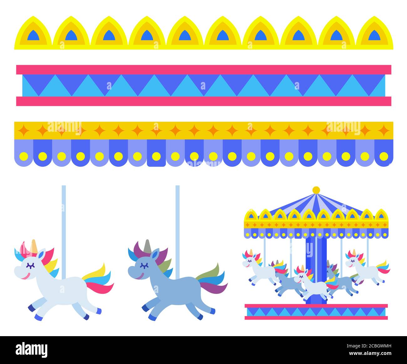 Carousel with horses for children in an amusement park vector ...