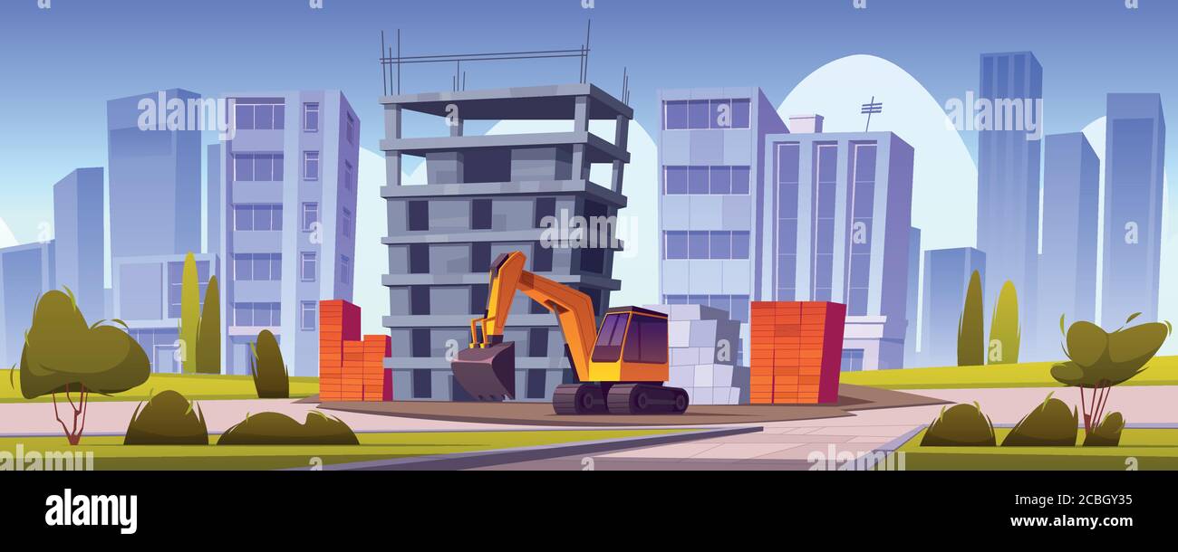 Construction site with unfinished house and excavator. Vector cartoon ...