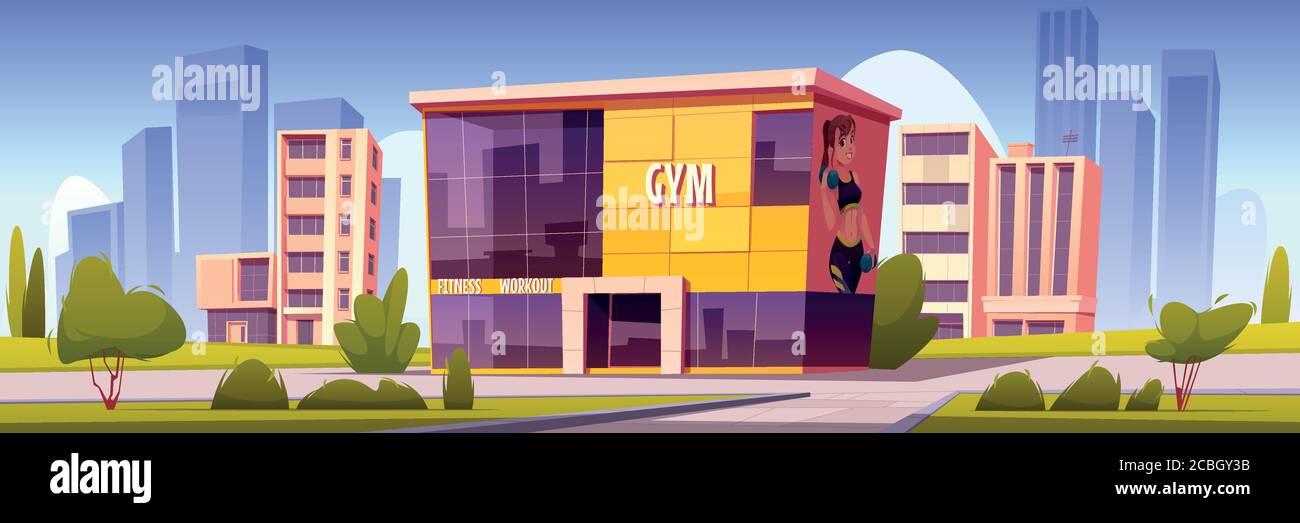Gym building, modern sport house in summer town. Vector cartoon ...