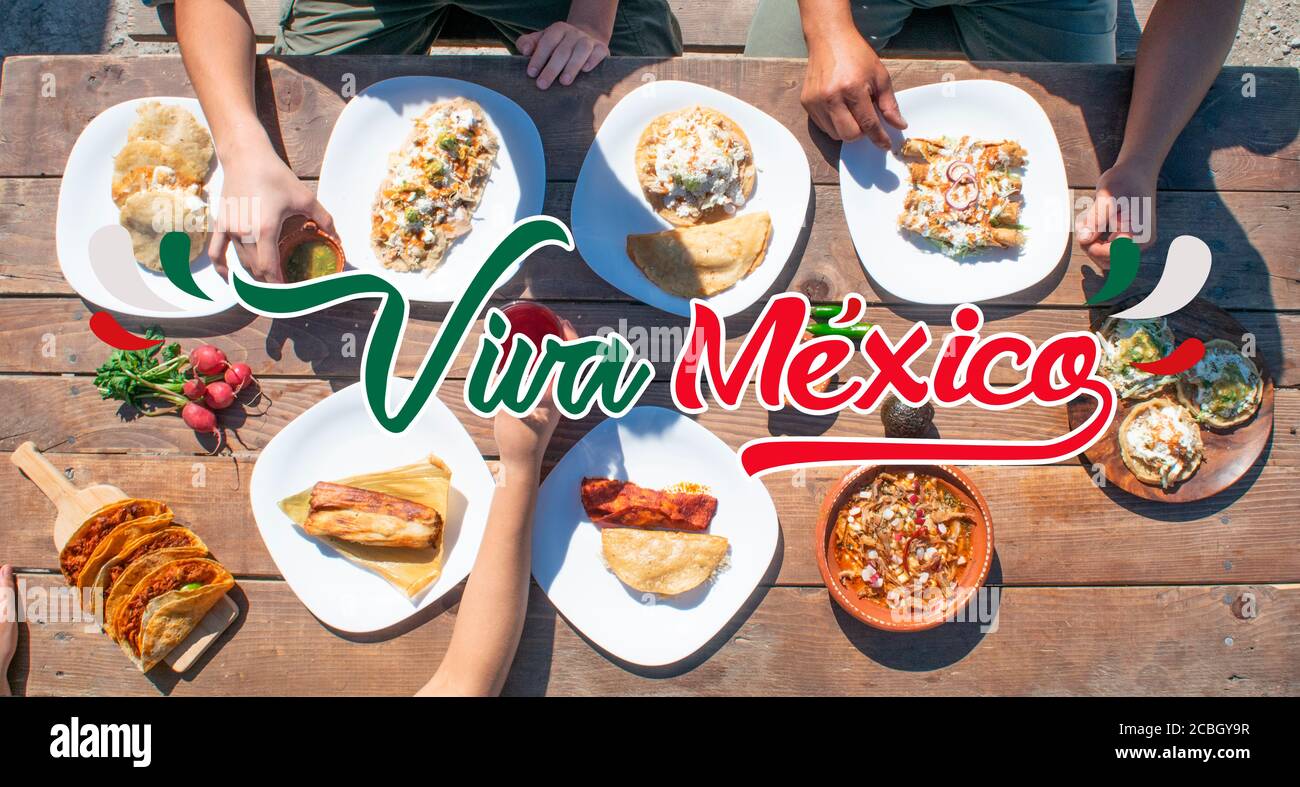 top view of tacos, tamal, enchilada, pozole with the phrase viva mexico ...