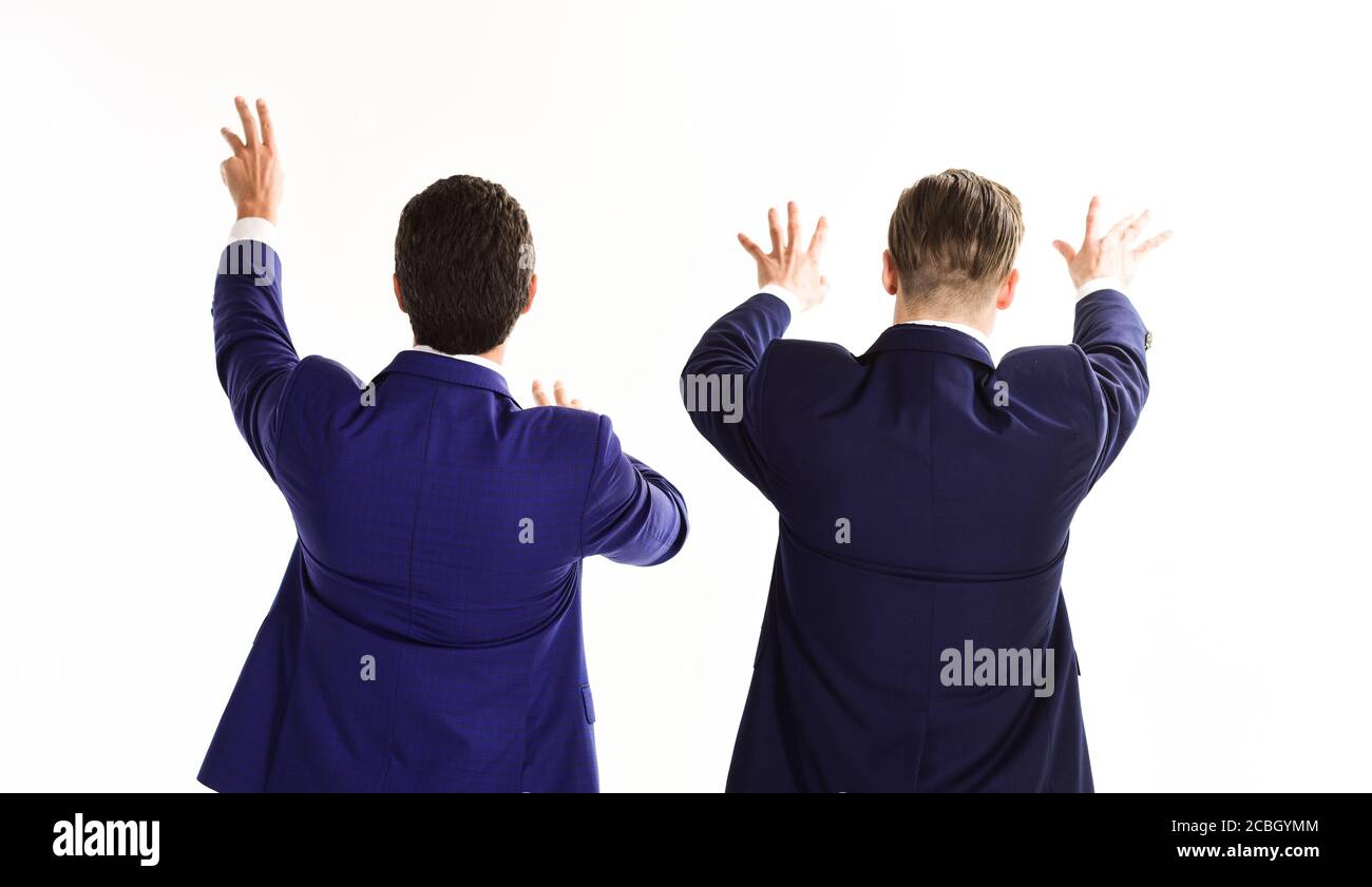 Business management concept. Men in suit or businessmen raise hands and ...