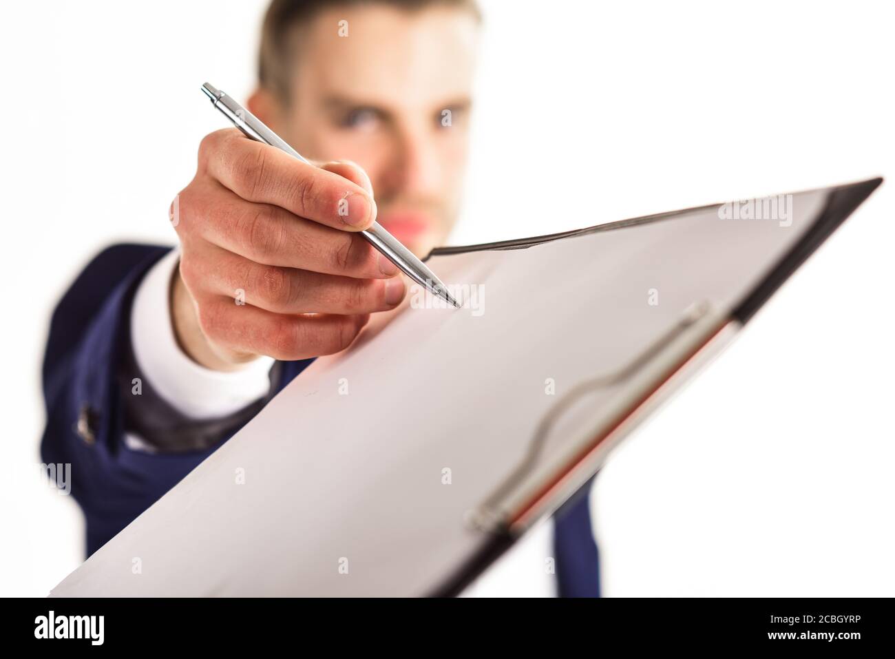Signing documents concept. Man with serious face writes on planchette ...
