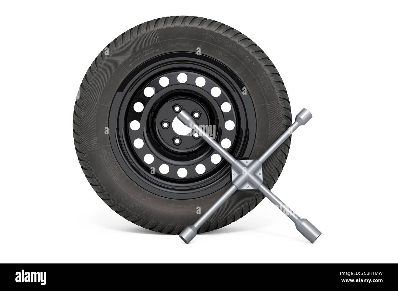 Cross wrench with car wheel. Car service concept, 3D rendering isolated ...