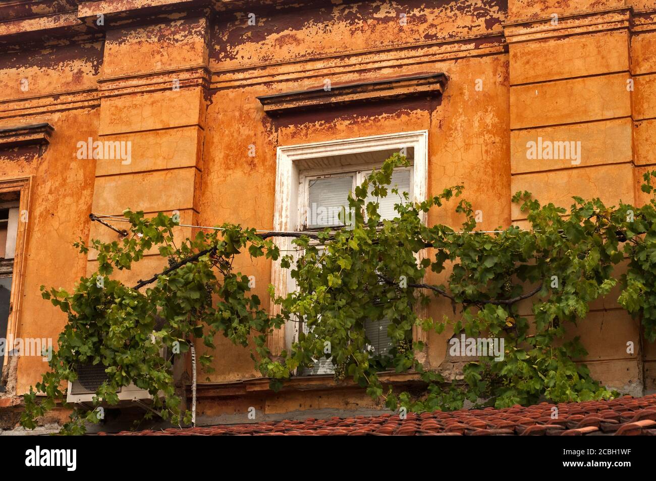 Old vintage dacayed neglected building facade closeup in cloudy day ...