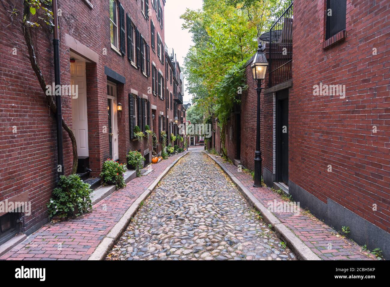 Stone alley lined with traditional American brick row houses and gas ...