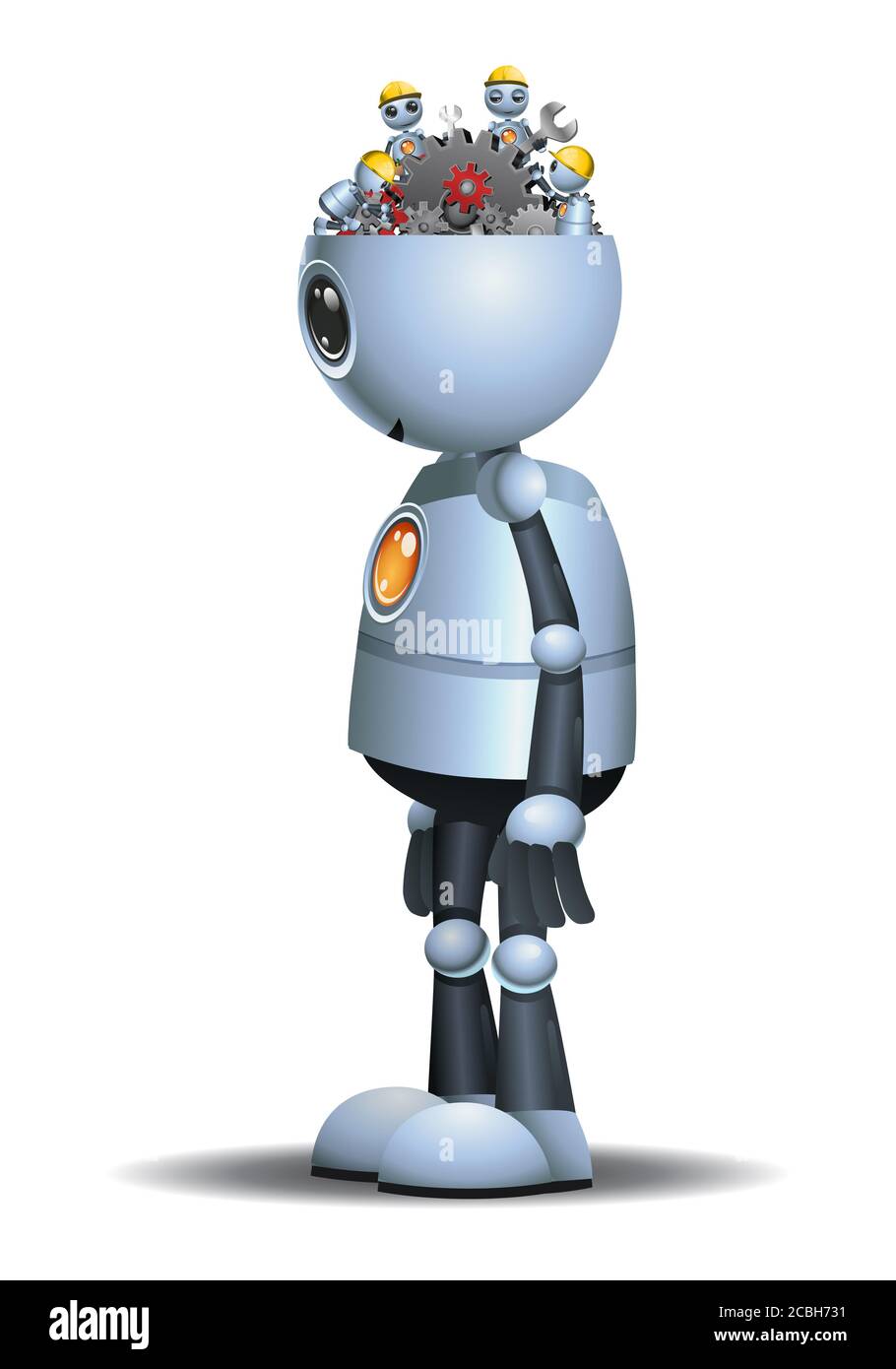 illustration 3d of little robot got brain repairment in machinery gear ...