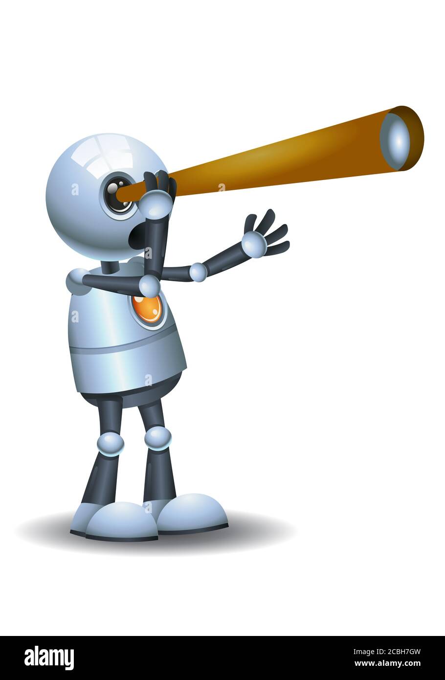 illustration 3d of little robot see using telescope on isolated white ...