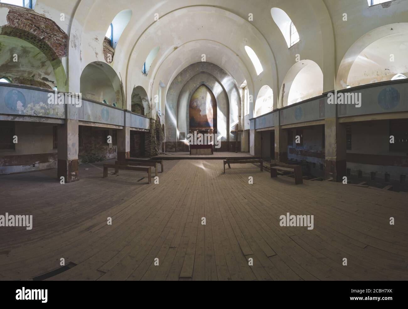 Inside an old abandoned church. ancient interior of religious building ...