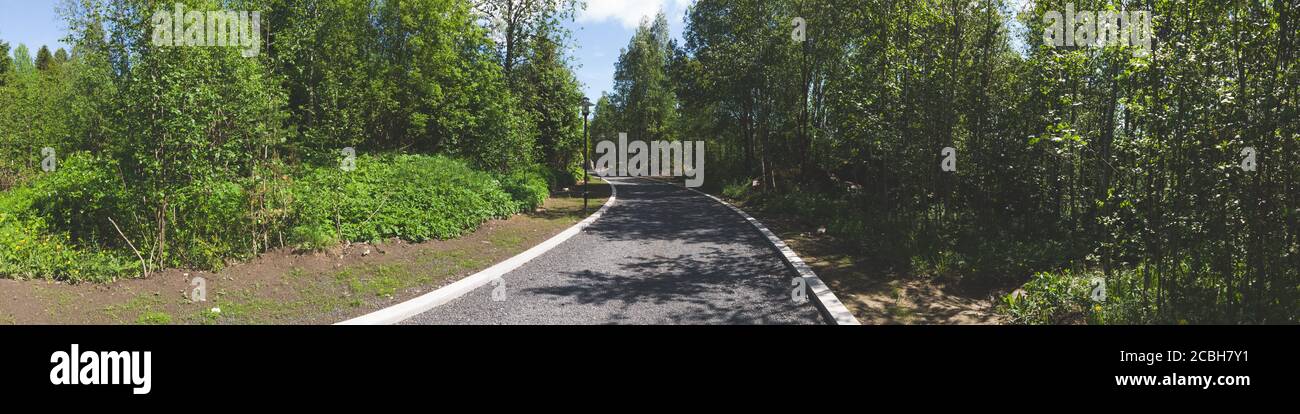 Footpath in the park. pathway with curbstone. green plants and trees ...