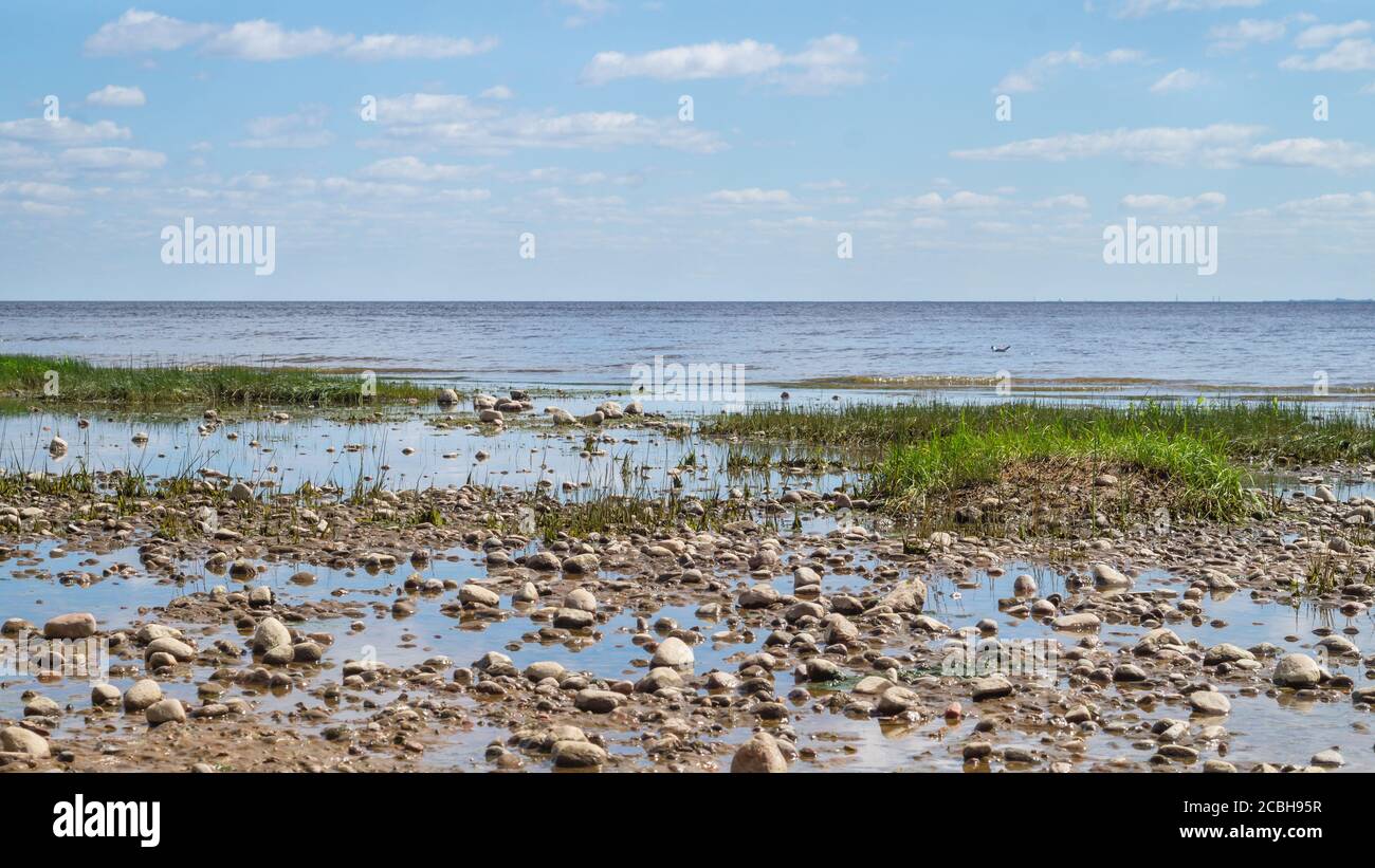 Shore of the sea. seascape with horizon line. sky with clouds. silt ...