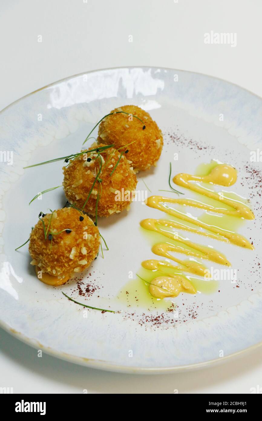deep fried meat balls with spicy mayonnaise, crispy dumplings Stock ...