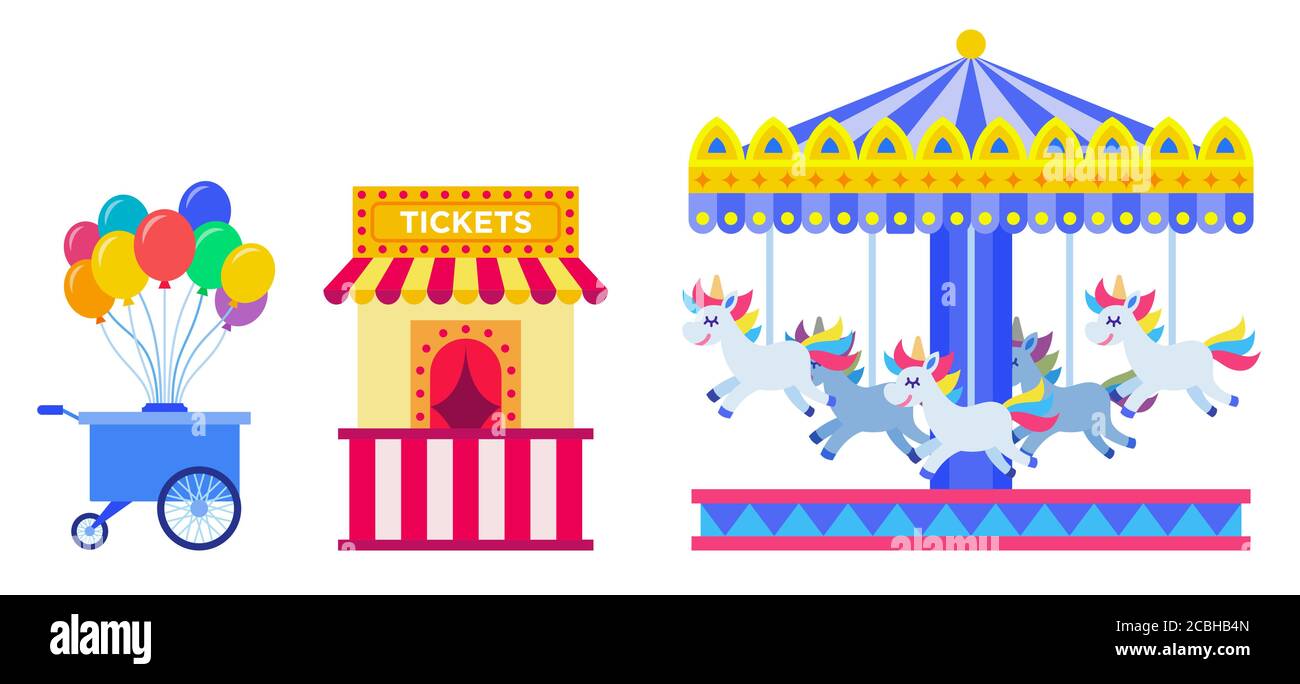 Set of cart with balloons, ticket kiosk and carousel with horses vector ...